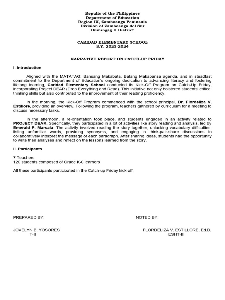 cATCH Up fRIDAYS NARRATIVE REPORT | PDF | Wellness