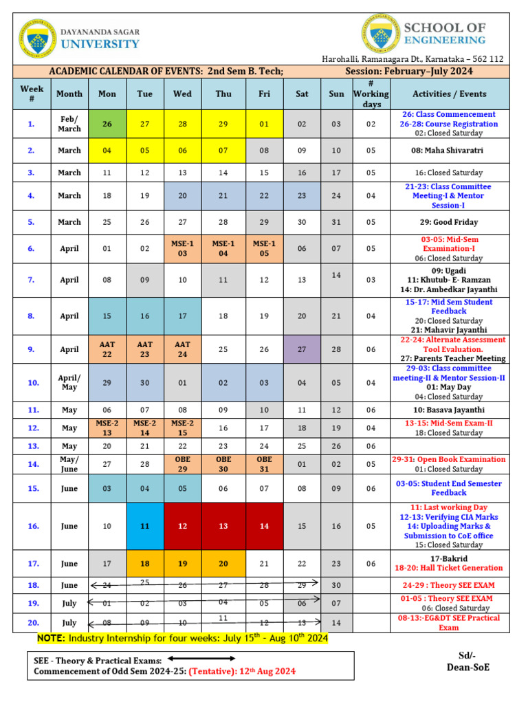 B. Tech 2nd Sem Academic Calendar 2024 | PDF