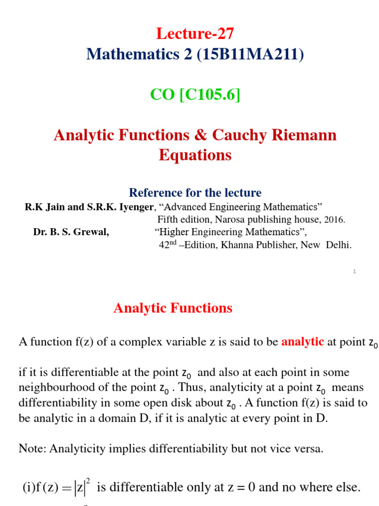 Maths 2_L27_Analytic functions, CR eqns JIIT | Download Free PDF | Holomorphic Function ...