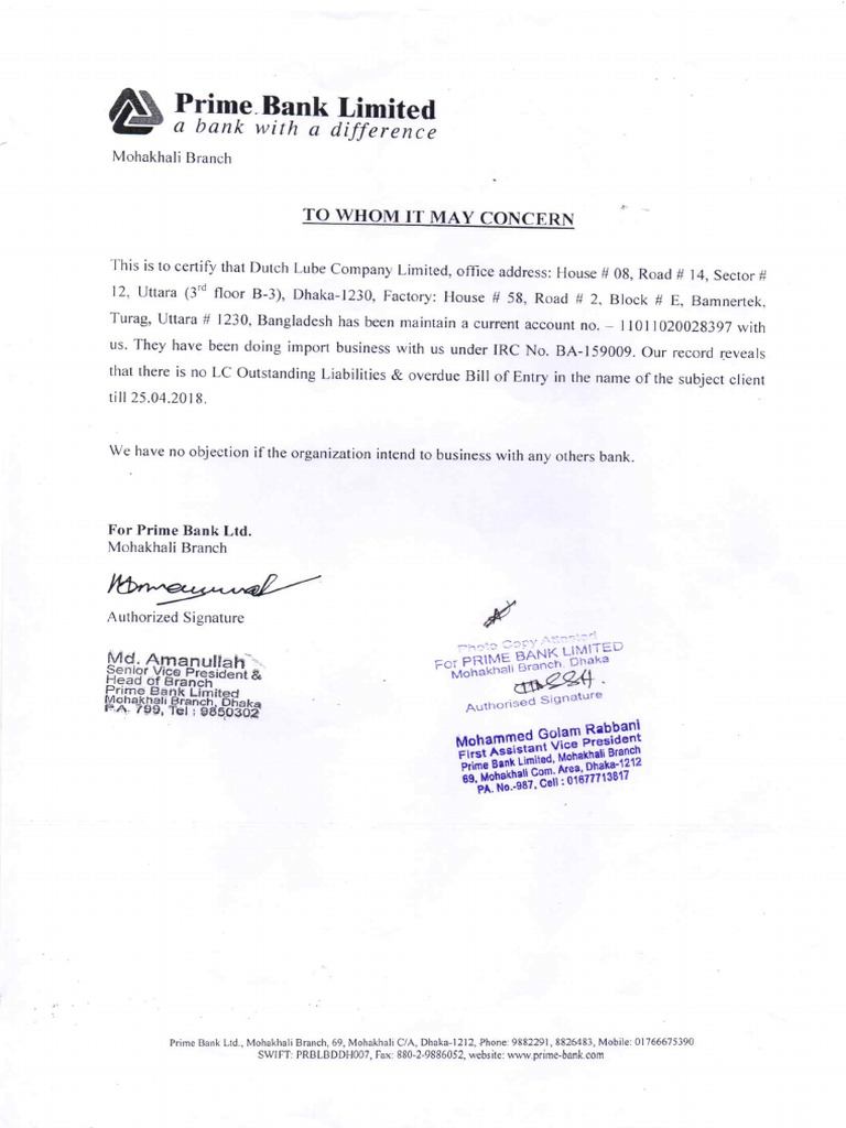 Prime Bank NOC | PDF