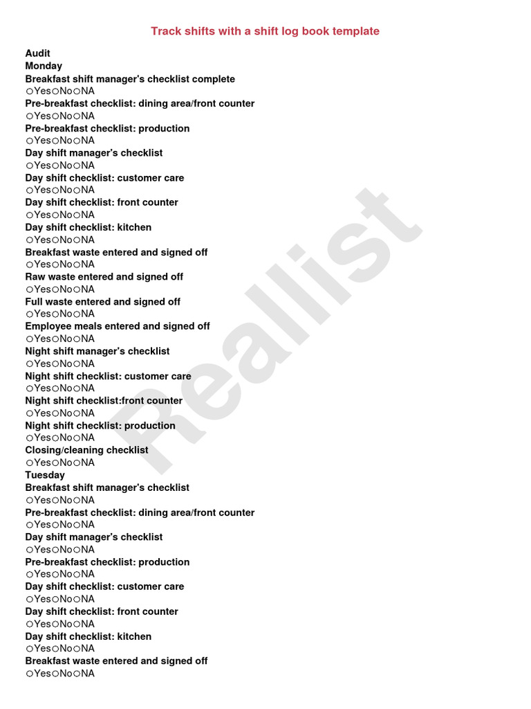 Shift Log Book Template Checklist | PDF | Cooking, Food & Wine