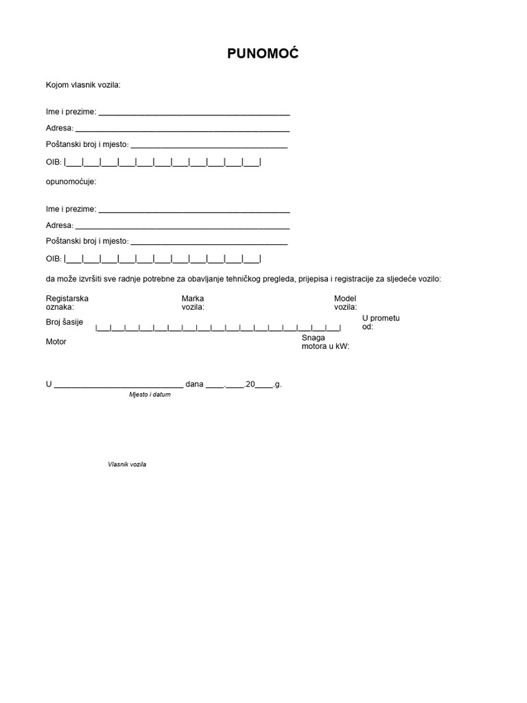 Punomoć Za Registraciju Vozila | PDF