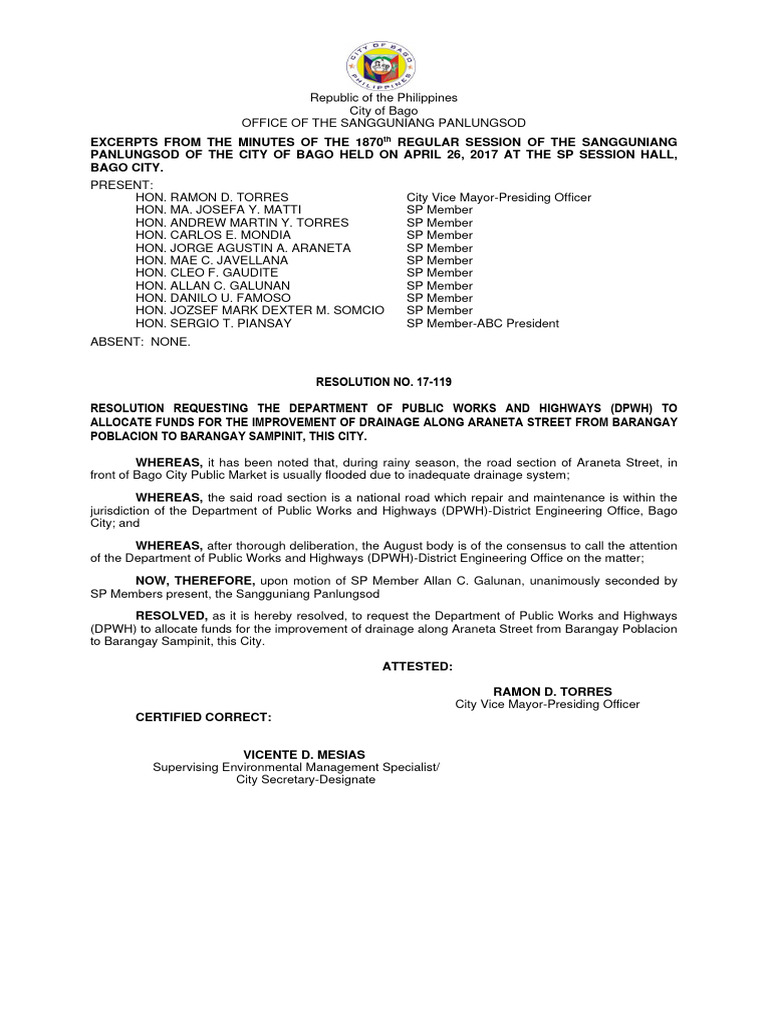 17-119 Requesting DPWH To Allocate Funds For Drainage System | Download ...
