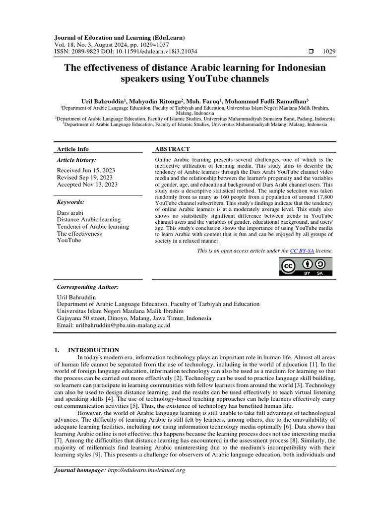The Effectiveness of Distance Arabic Learning For Indonesian Speakers Using YouTube Channels ...