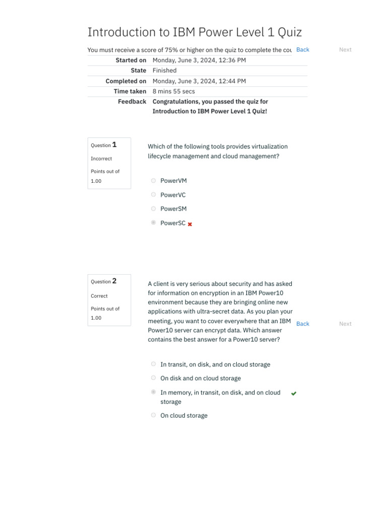 Introduction To IBM Power Level 1 Quiz - Attempt Review | PDF | Cloud Computing | Operating System