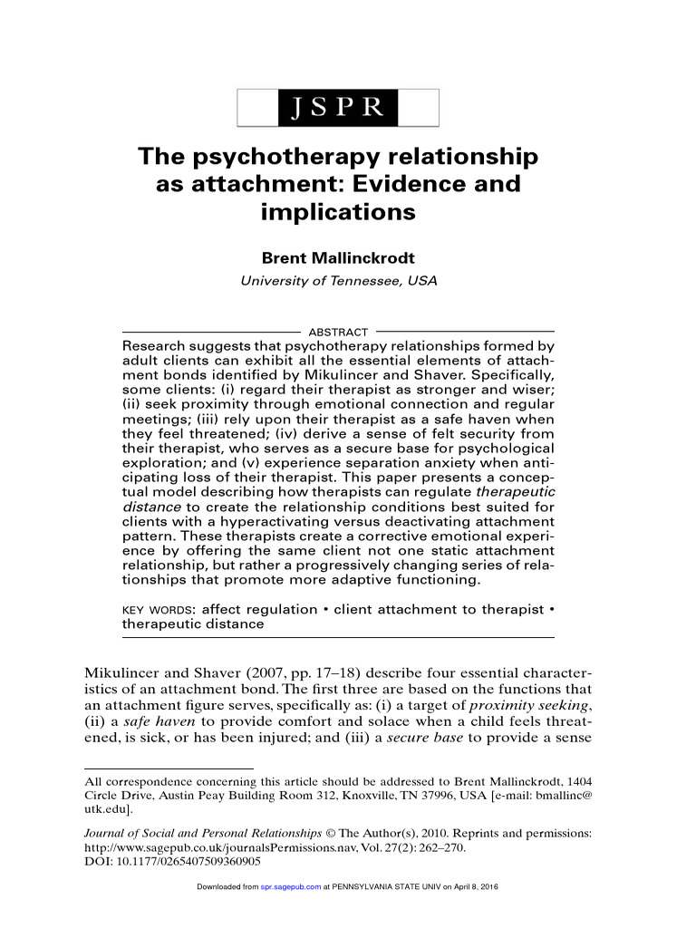 THE PSYCHOTHERAPY RELATIONSHIP AS ATTACHMENT - EVIDENCE AND ...