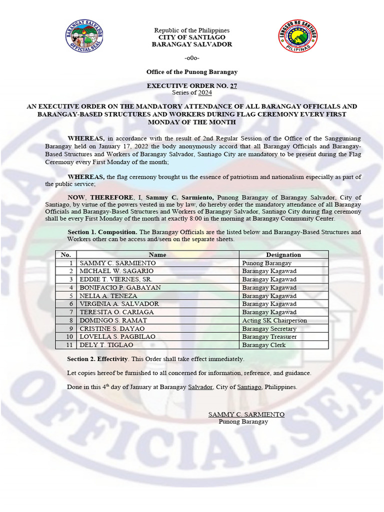 Executive Order No. 027 s. 2023_MANDATORY ATTENDANCE OF ALL BARANGAY ...