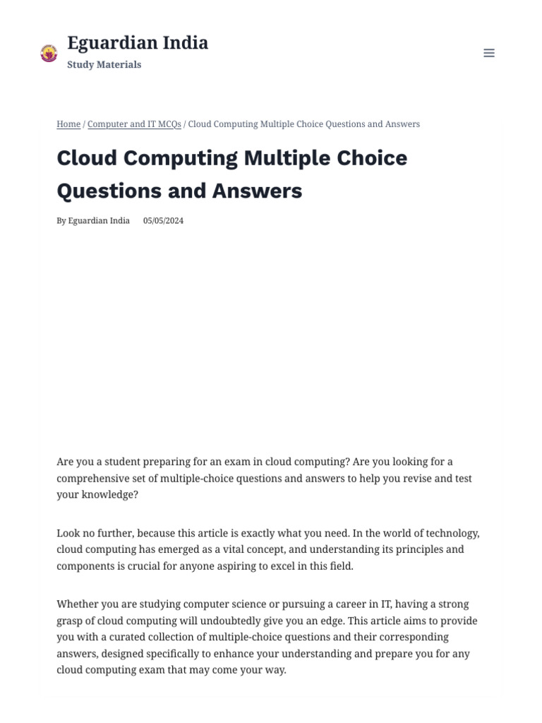 Cloud Computing MCQs PDF Tutorial Multiple Choice Questions | PDF | Cloud Computing | Computing
