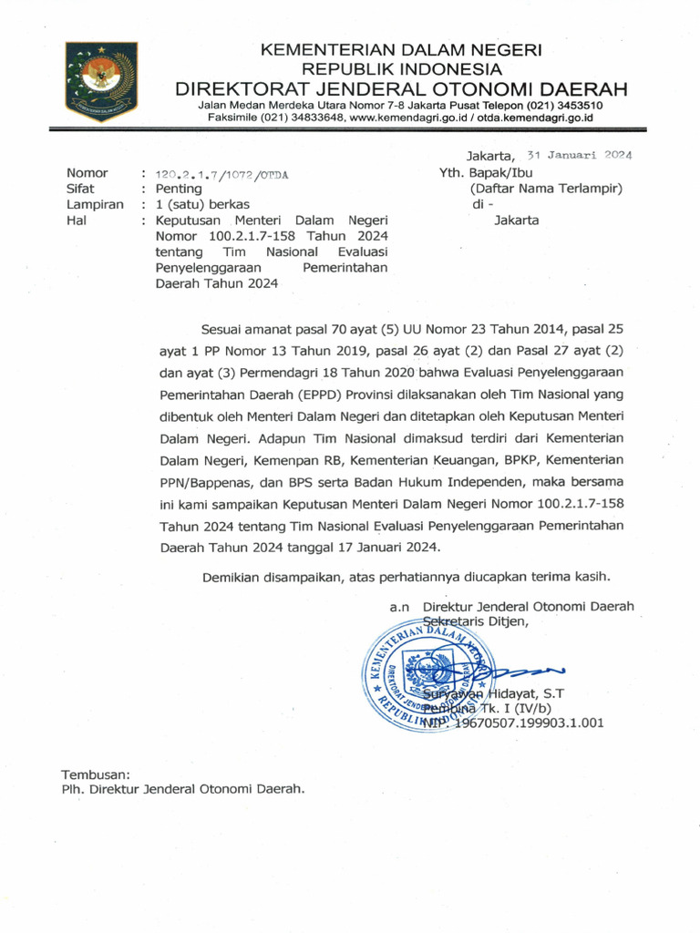 Pengantar SK Mendagri TTNG TIMNAS EPPD 2024 | PDF