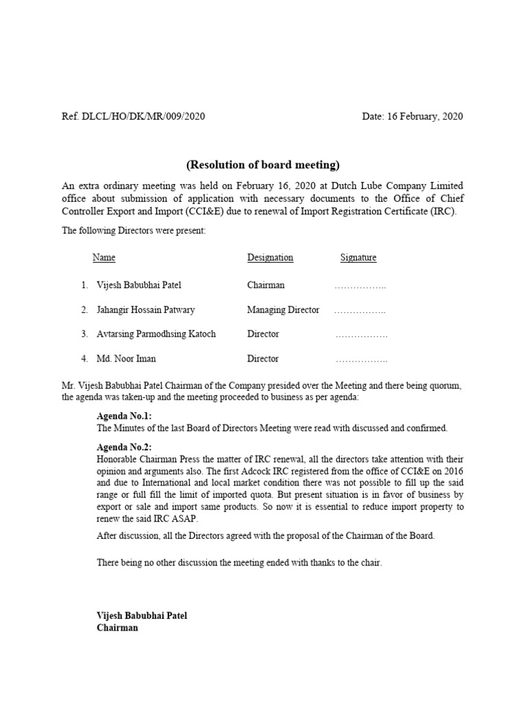 Board Meeting Resolution on IRC Renewal | PDF | Finance & Money ...
