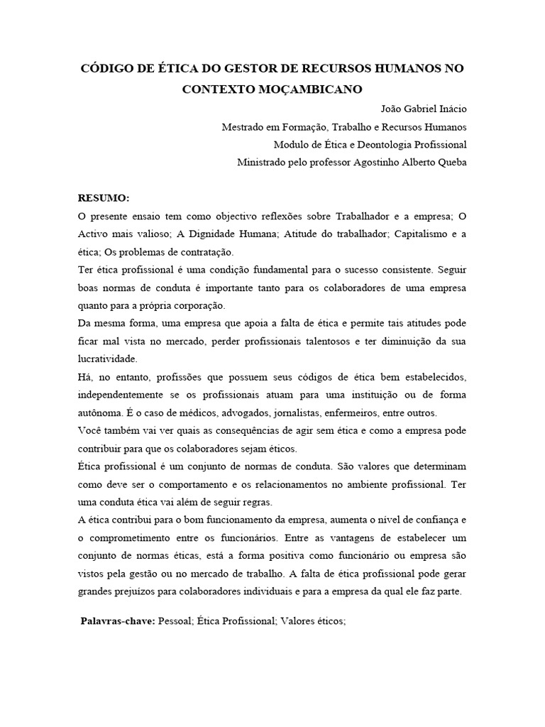 Código De ética Do Gestor De Recursos Humanos No Contexto Moçambicano