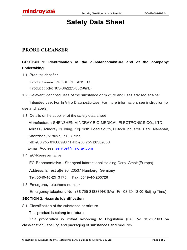 Probe Cleanser MSDS | PDF | Chemistry | Occupational Safety And Health