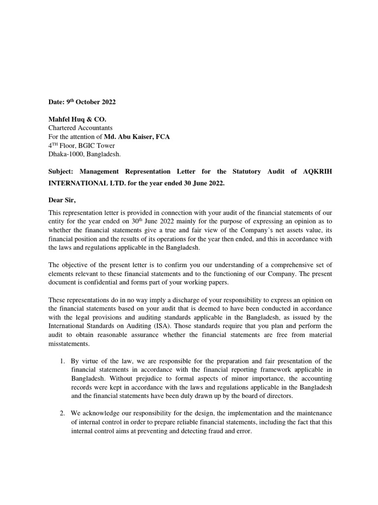 Management Representation Letter | PDF | Audit | Internal Control