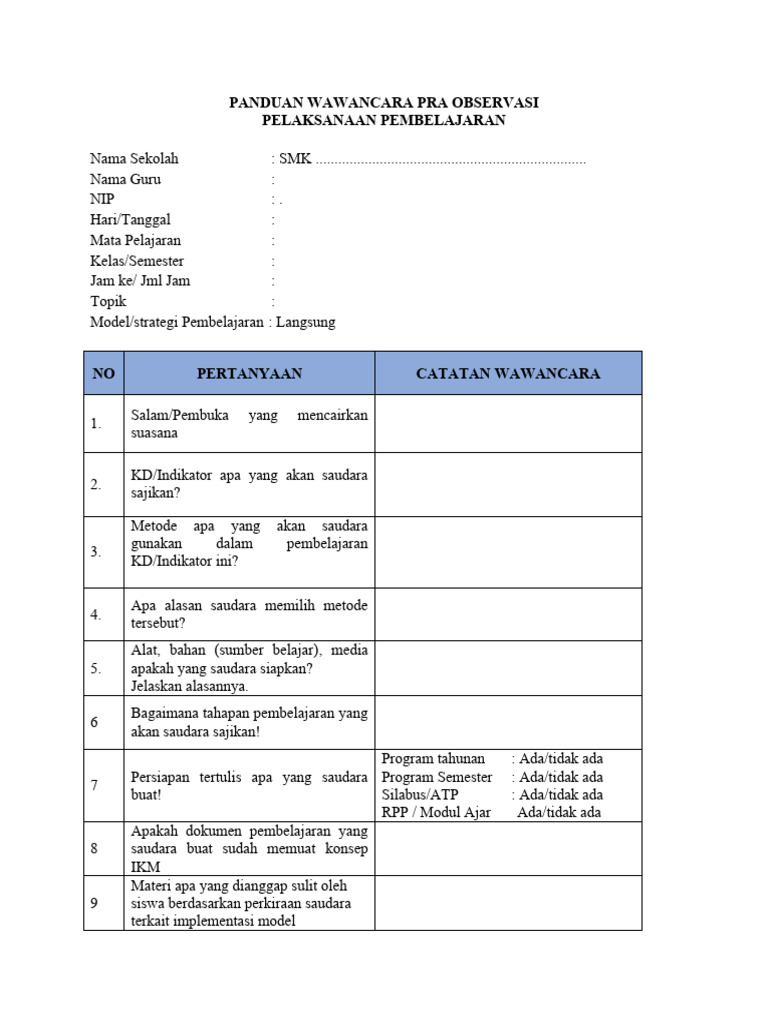 WAWANCARA PRA OBSERVAS Untuk SUPERVISI Baru | PDF | Karier & Perkembangan | Kesehatan Holistik
