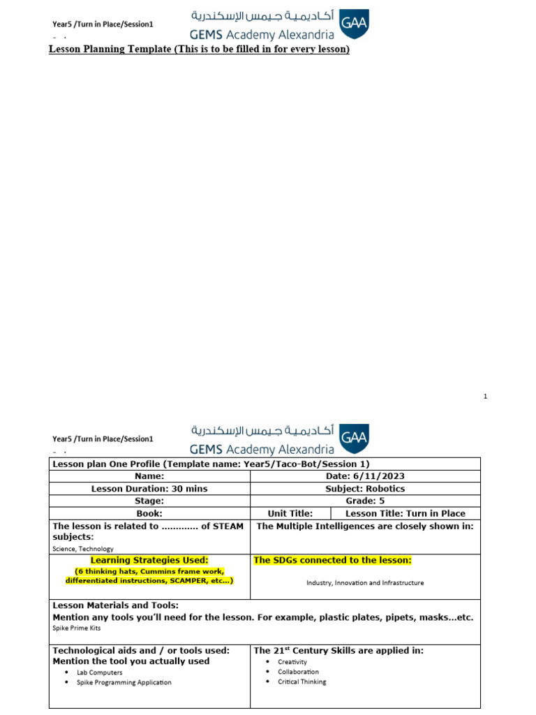 Robotics Lesson Plan: Turn in Place | PDF | Robot | Robotics