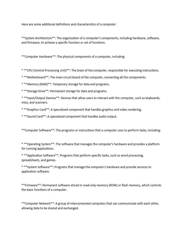 Here are some additional definitions and characteristics of a computer ...