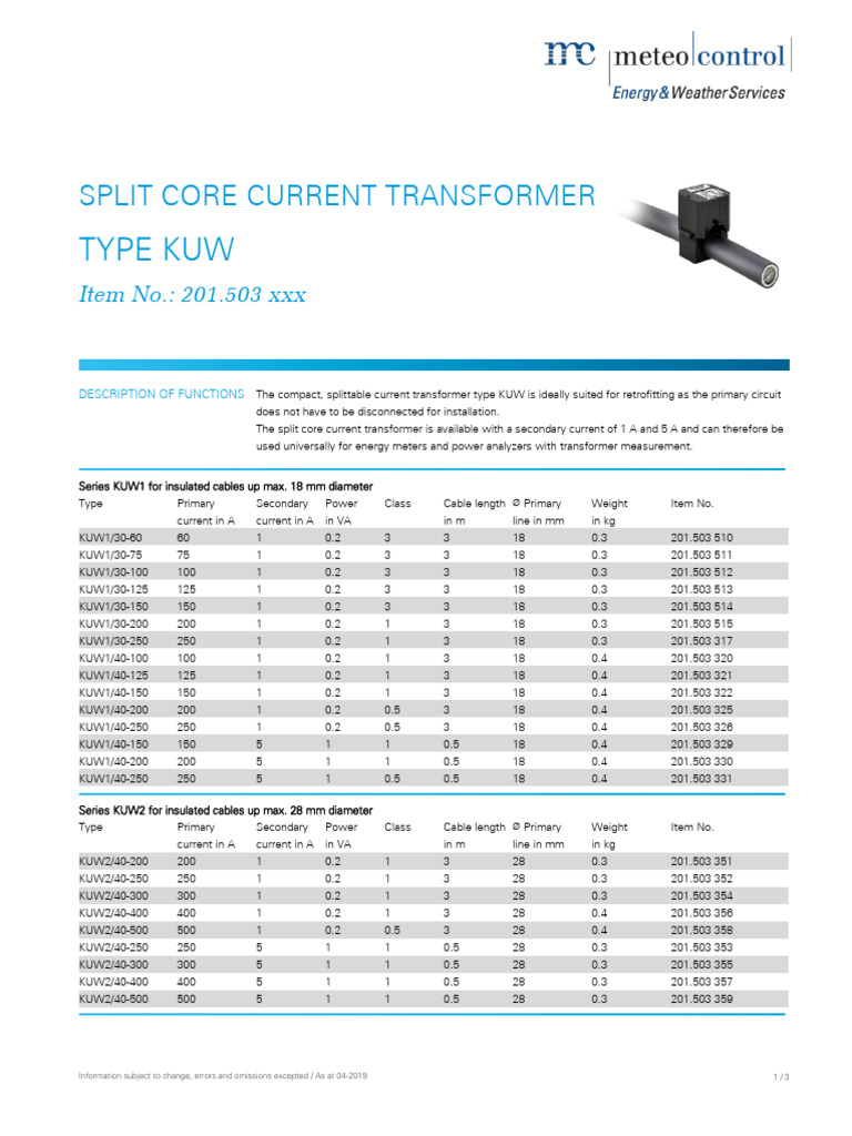 DB Split Core Current Transformers en | PDF | Transformer | Accuracy ...