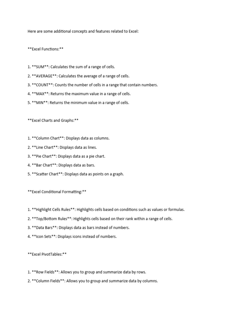 Here are some additional concepts and features related to Excel ...