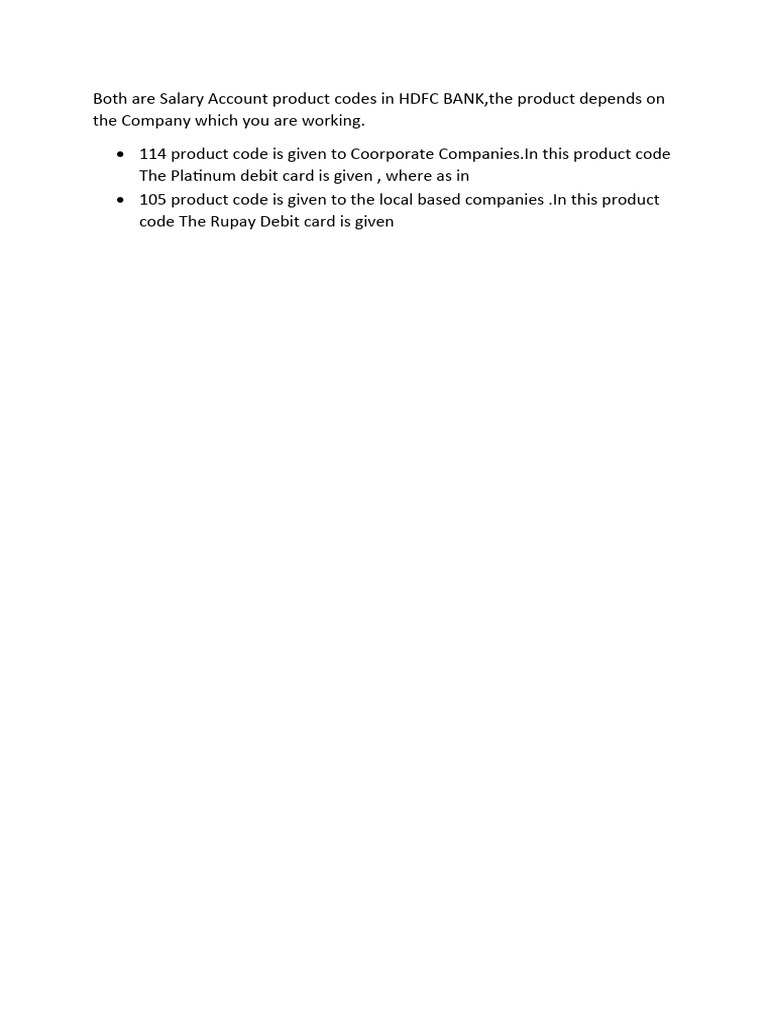HDFC Salary Account Product Codes | PDF