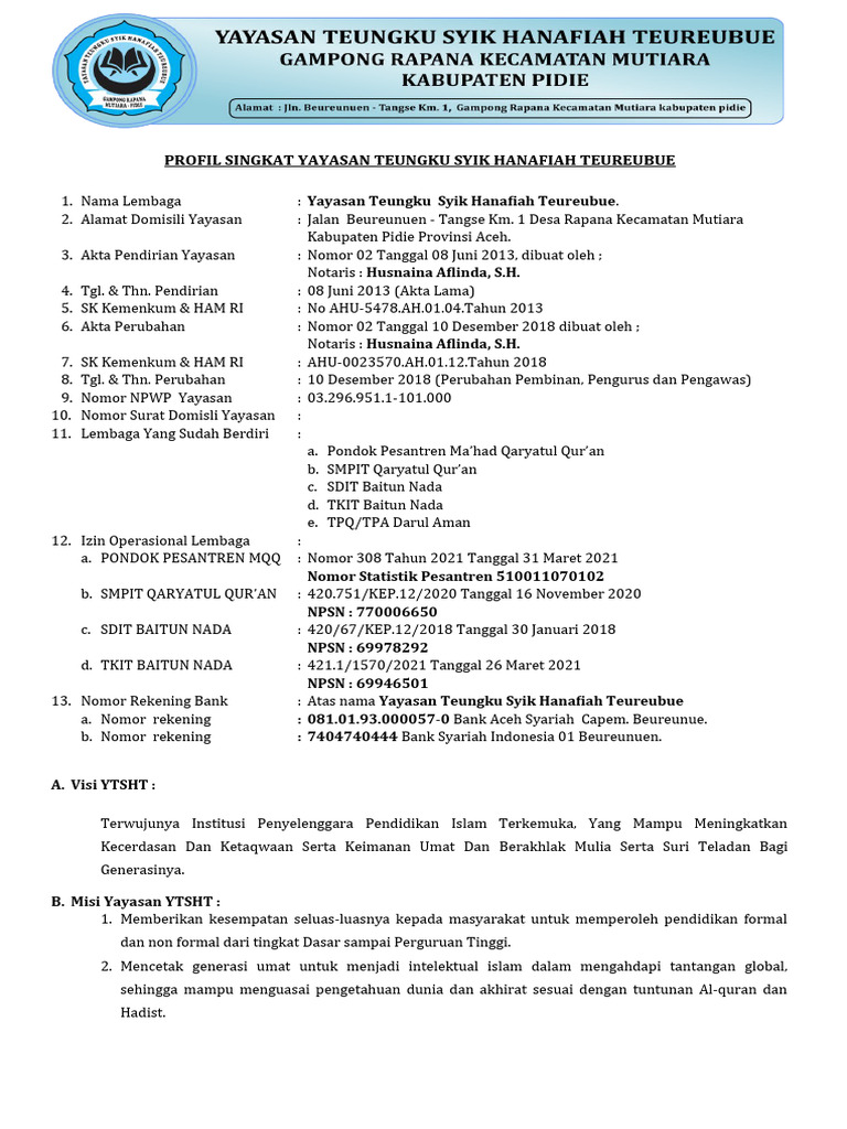 Profil Singkat Yayasan Teungku Syik Hanafiah Teureubue | PDF | Perjalanan