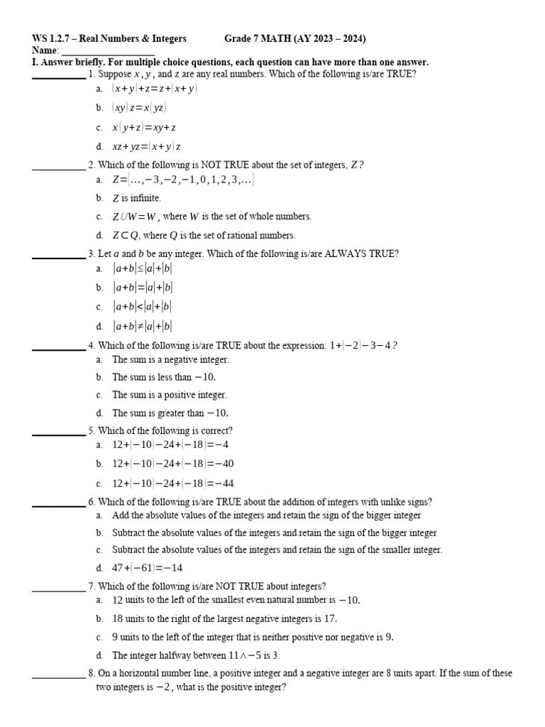 Grade 7 Math: Real Numbers & Integers | PDF | Algebra | Complex Analysis