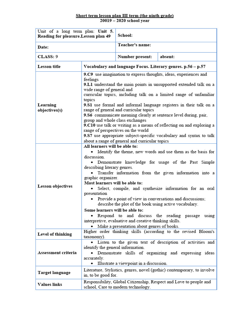 9 Short term Lesson plan. English plus (2-ое полугодие) -1 | PDF ...