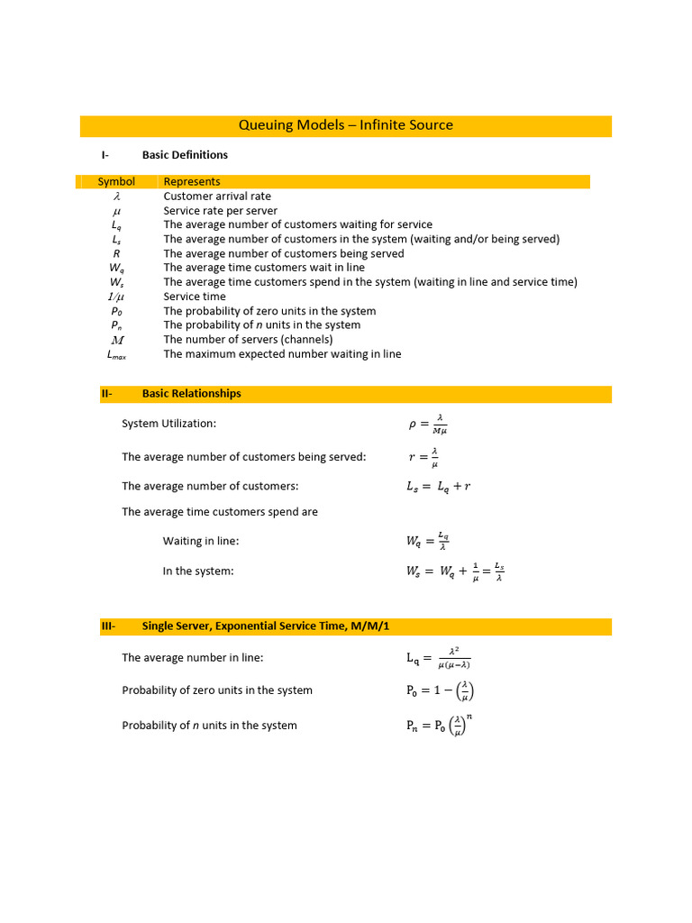 Queuing Models - Summary Sheet | Download Free PDF | Applied Mathematics | Mathematics