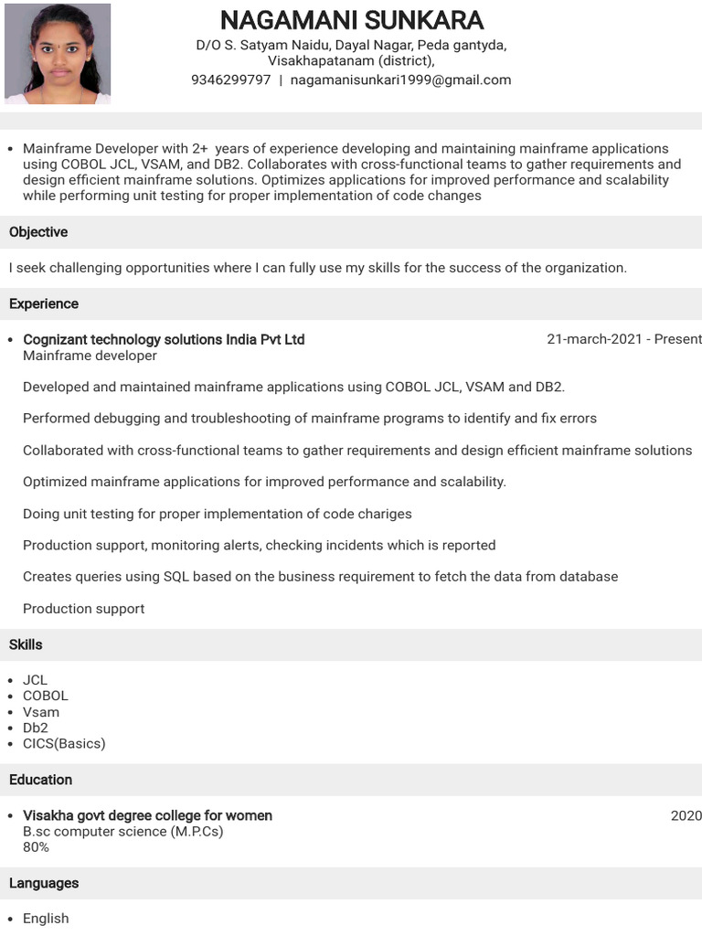 NAGAMANI - Mainframe Devolper2023 | PDF | Databases | Ibm Db2 NAGAMANI - Mainframe Devolper2023 | PDF | Databases | Ibm Db2