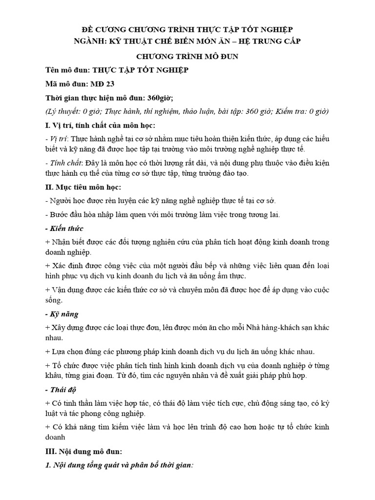 de Cuong Chuong Trinh Thuc Tap Tot Nghiep Ky Thuat Che Bien Mon An He Trung Cap | PDF