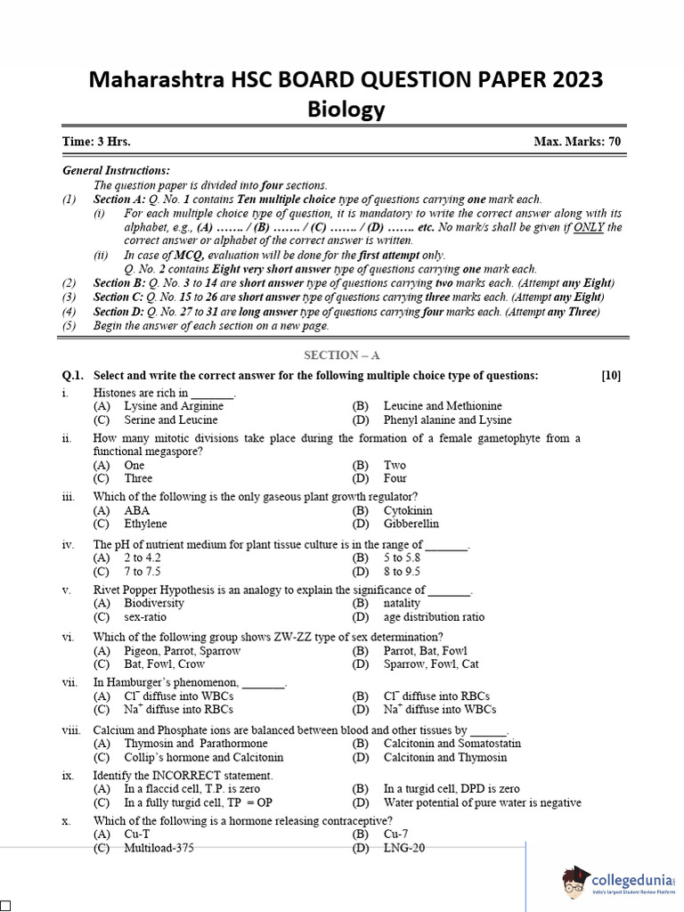 Maharashtra Board Class 12 Biology Question Paper 2023 | PDF | Flowers ...