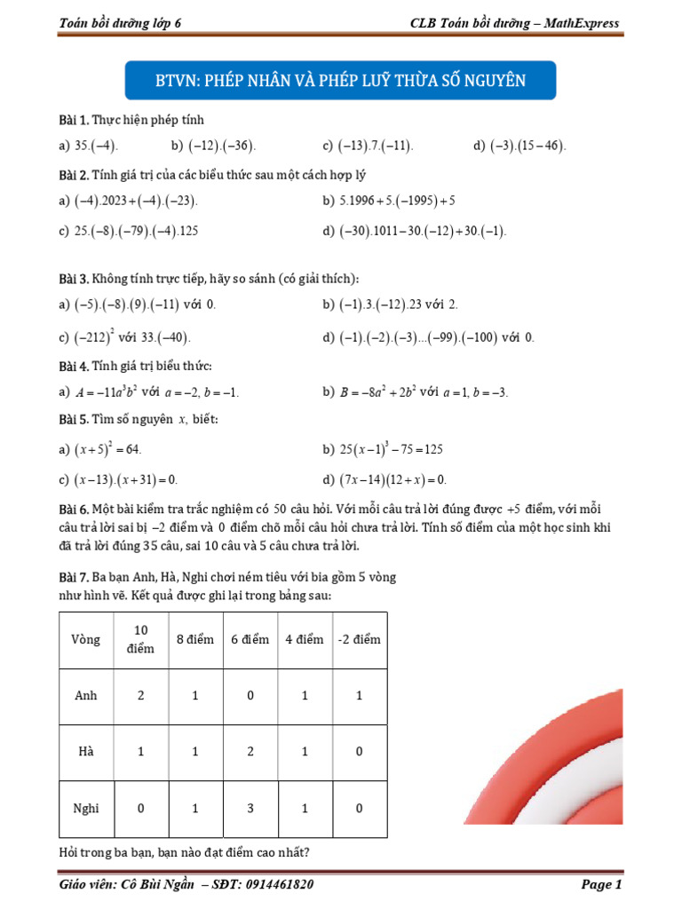 (6 zoom 3) BTVN - Phép Nhân số nguyên | PDF