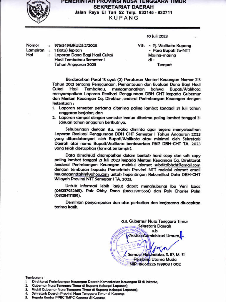 Surat Edaran Laporan DBH CHT Semester I 2023 | PDF Surat Edaran Laporan DBH CHT Semester I 2023 | PDF