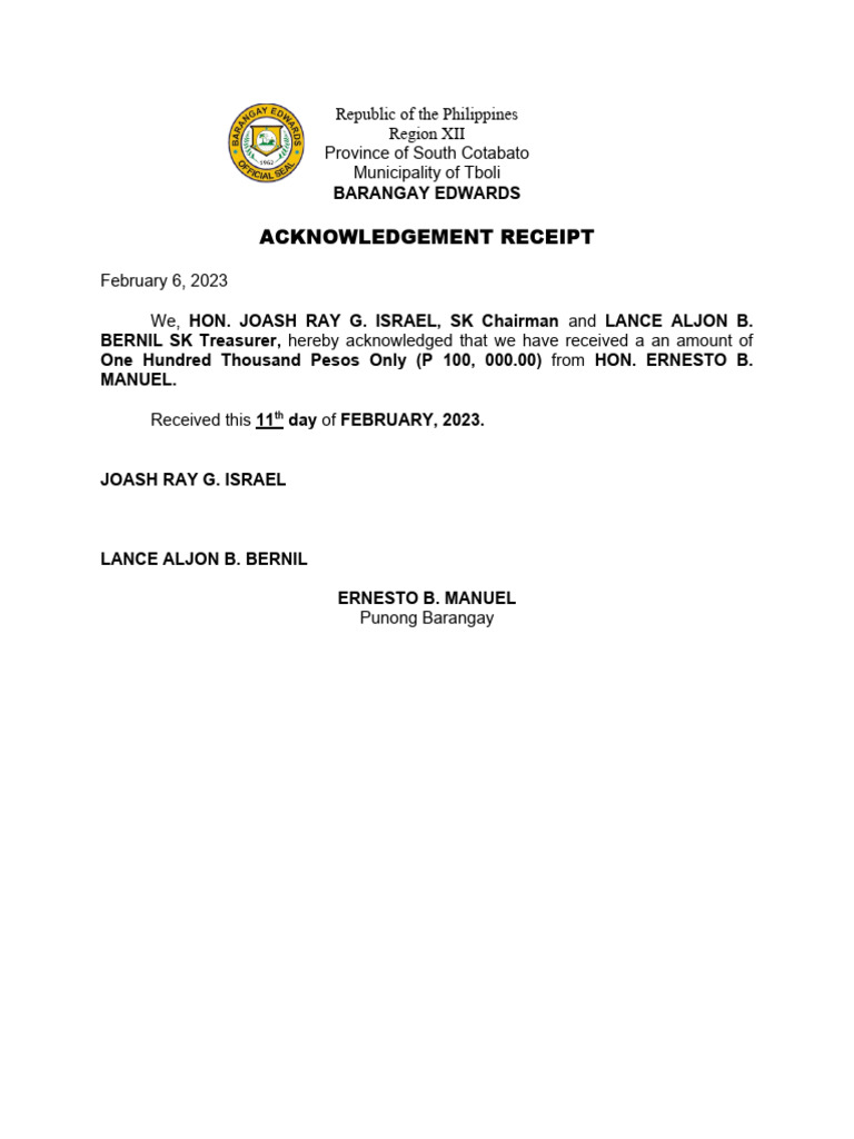 Barangay Edwards Receipt Notice | PDF