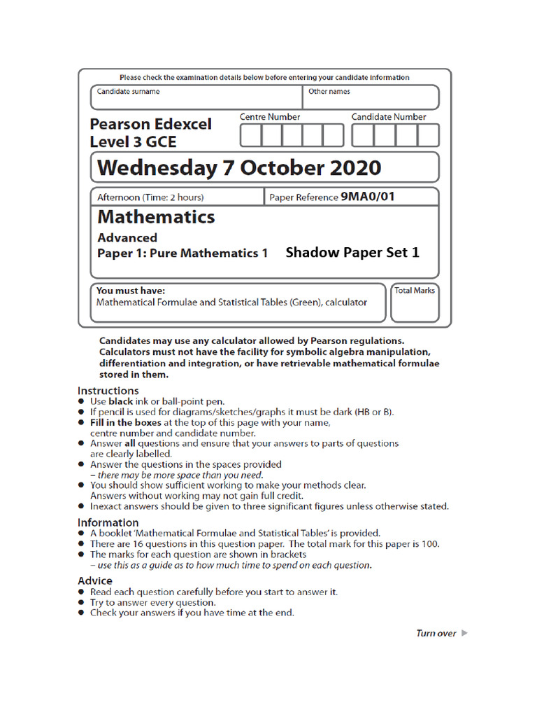 Autumn 2020 Pure Mathematics Paper 1 | PDF | Speed | Arithmetic
