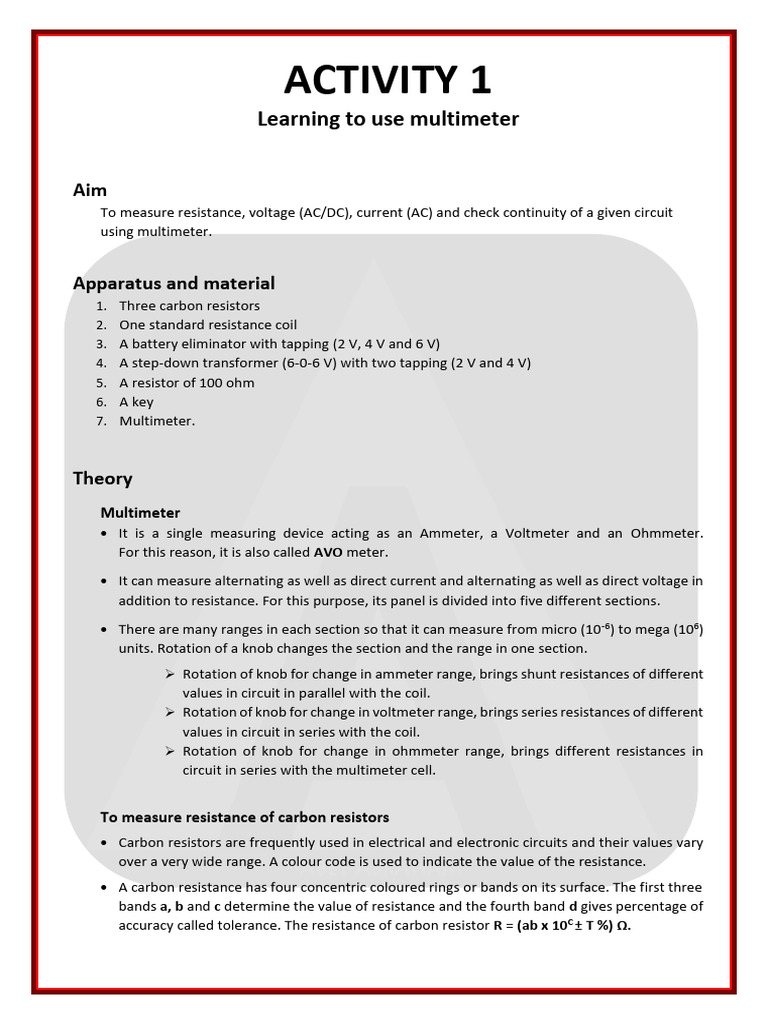 C. ACTIVITY 1 Learn To Use Multimeter | PDF | Resistor | Electrical Resistance And Conductance