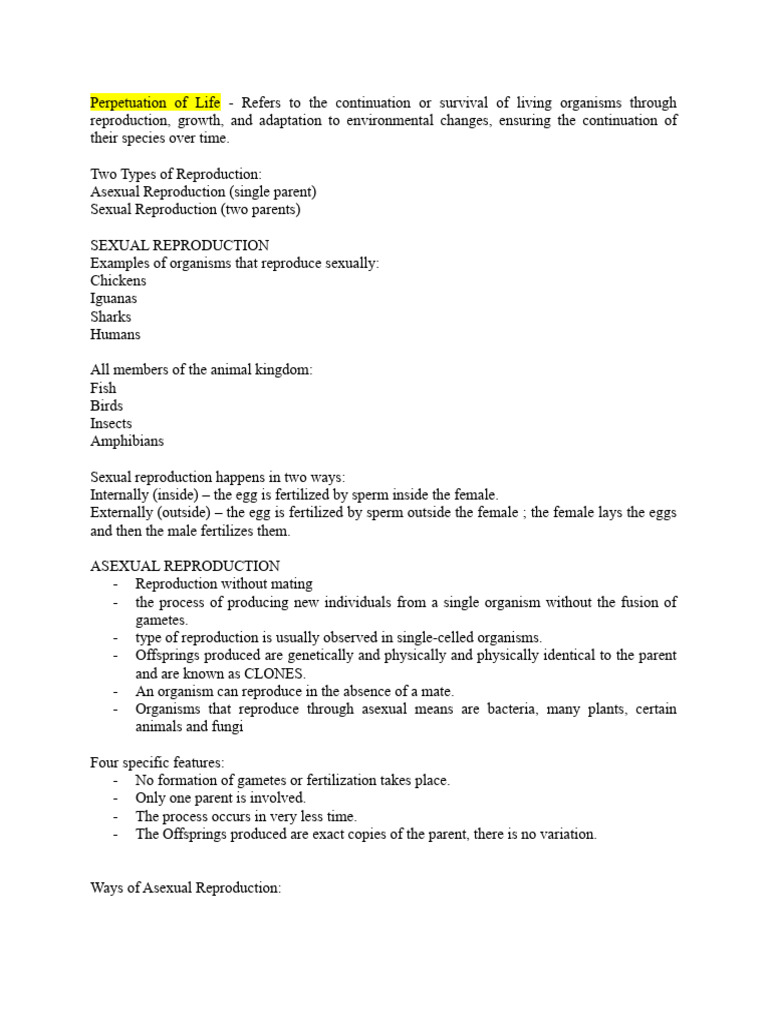 Perpetuation of Life | PDF | Reproduction | Sexual Reproduction