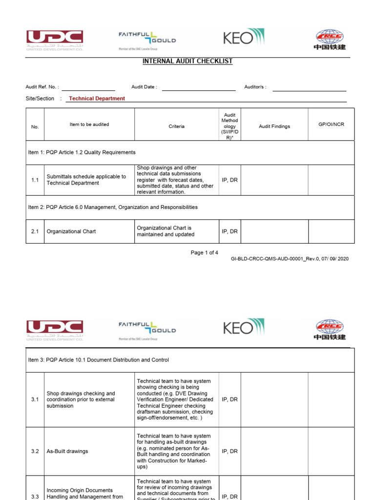 Internal Audit Checklist for Technical Dept. | PDF | Audit ...