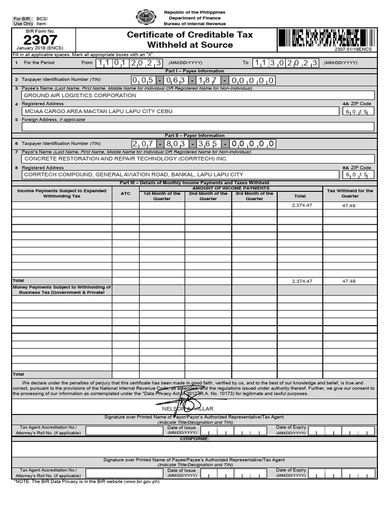 BIR Form 2307: Tax Withholding Certificate | PDF | Value Added Tax | Taxes