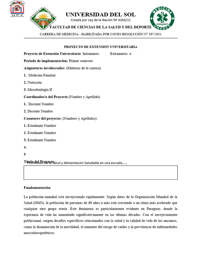 Formato de Proyecto - Extensión Universitaria Unades Medicina. Modelo | PDF | Vejez | Medicina