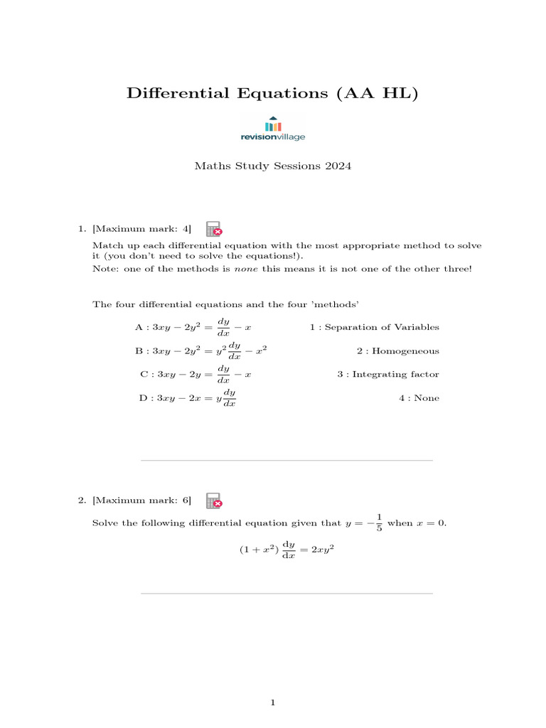RV Math AA HL - Differential Equations Pre-Reading | PDF | Calculus | Mathematical Analysis