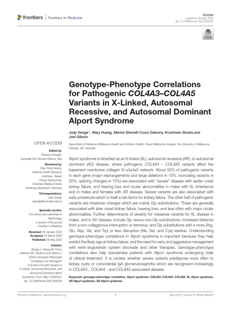 Frontiers Genotype Phenotype Correlations Col4a3 Col4a5 2022 Pdf Medical Specialties