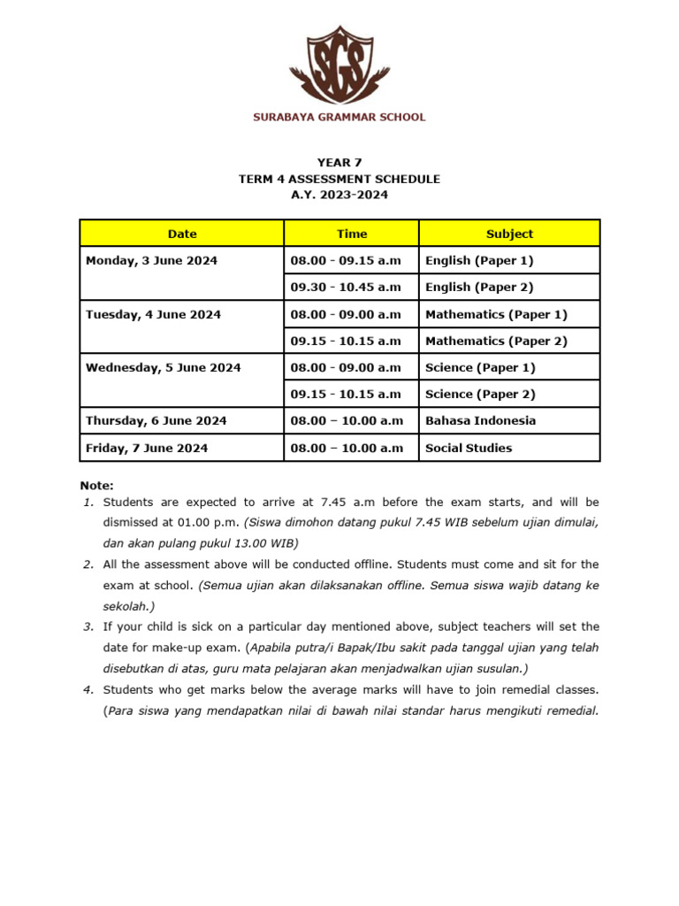 2023-2024 T4 Exam Schedule JH | PDF