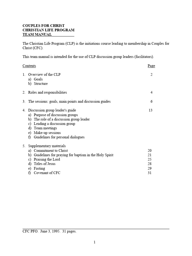 CLP Team Manual Version 2.0 | PDF | Baptism | Baptism With The Holy Spirit