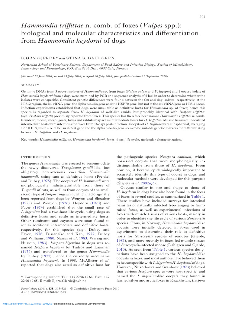 Hammondia Triffittae N Comb of Foxes Vulpes SPP Biological and ...