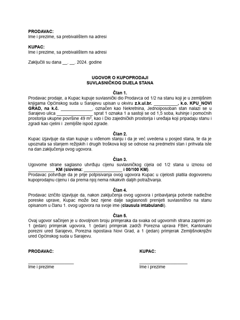 Ugovor o Kupoprodaji Suvlasničkog Dijela Stana | PDF