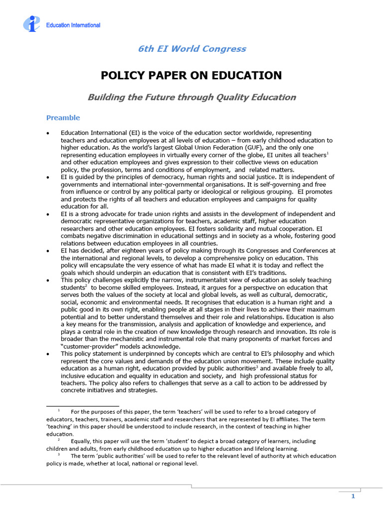Education Policy Paper As Adopted by Congress e | PDF | Teachers ...