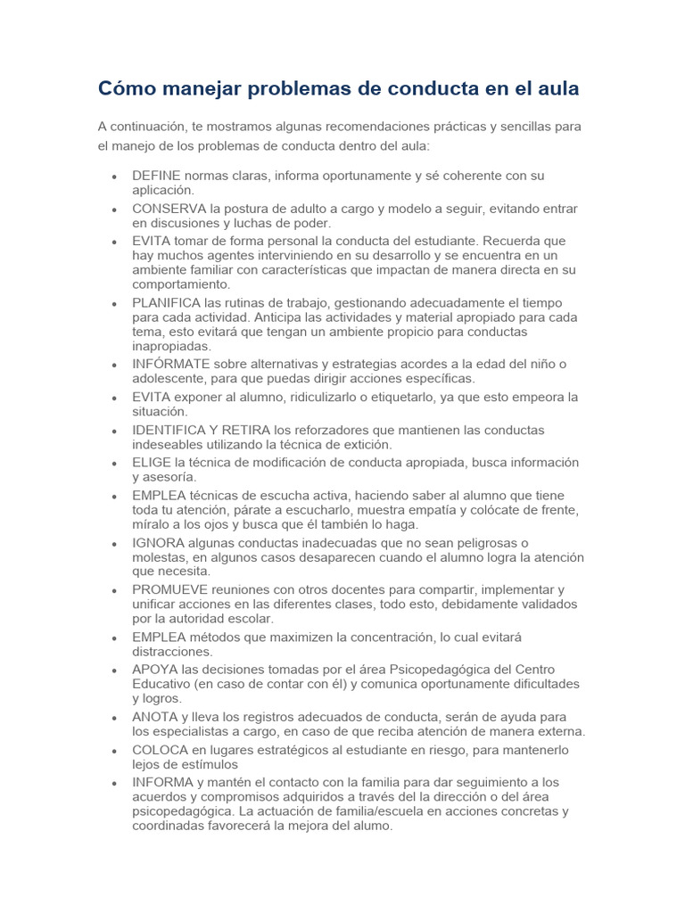 Cómo Manejar Problemas de Conducta en El Aula | PDF | Comportamiento ...