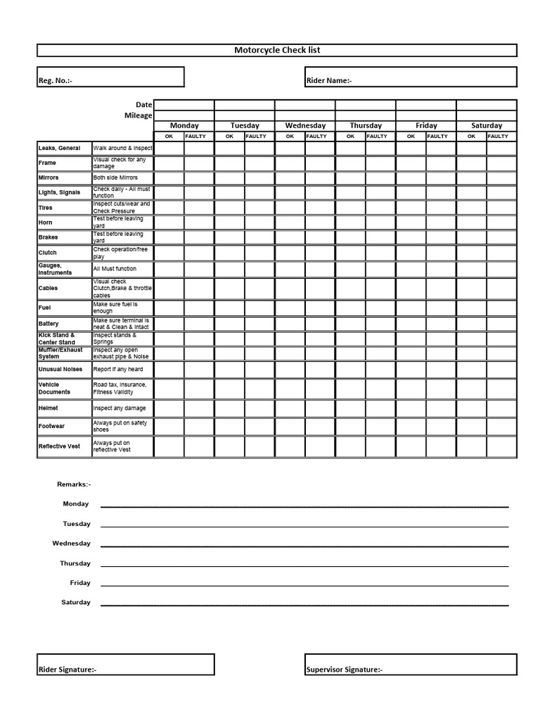 Motorcycle Checklist | Download Free PDF | Land Vehicles | Transport