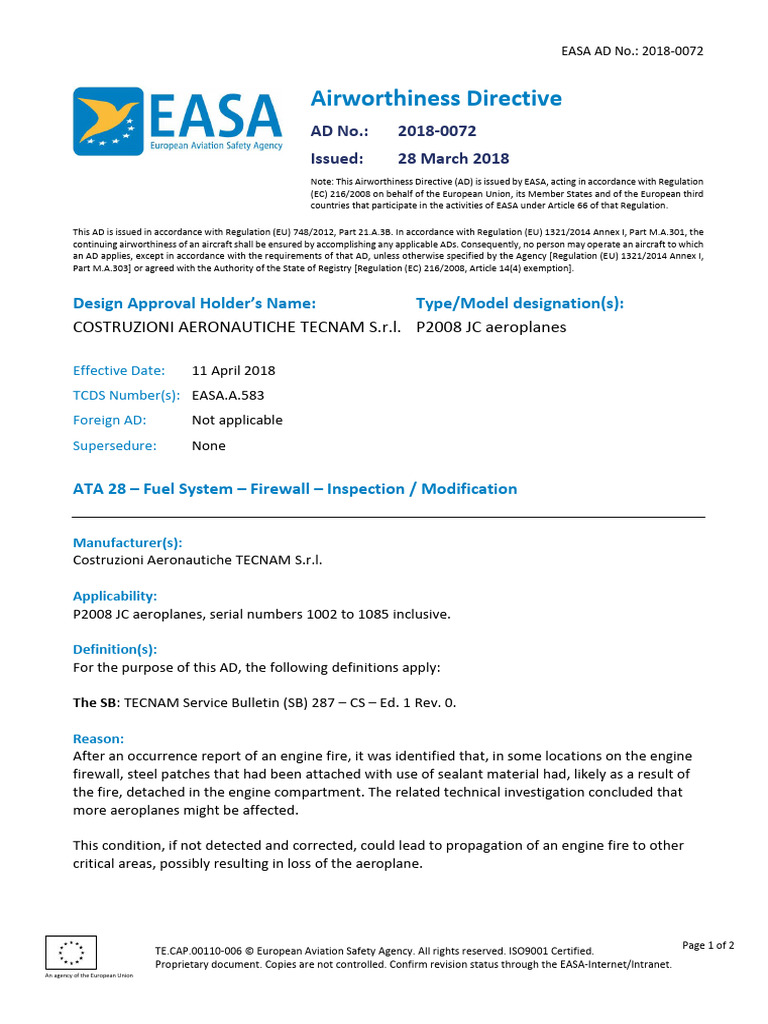 Easa Ad 2018-0072 1 | PDF | Aviation