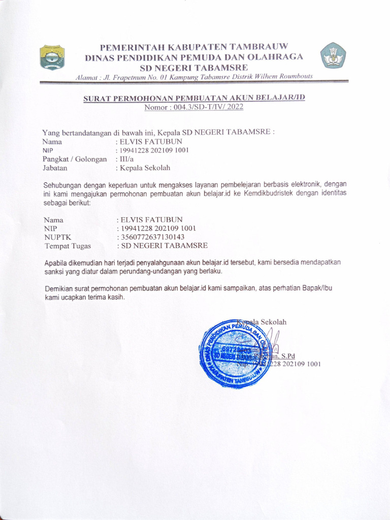 Surat Permohonan Pembuatan Akun Belajar Id | PDF